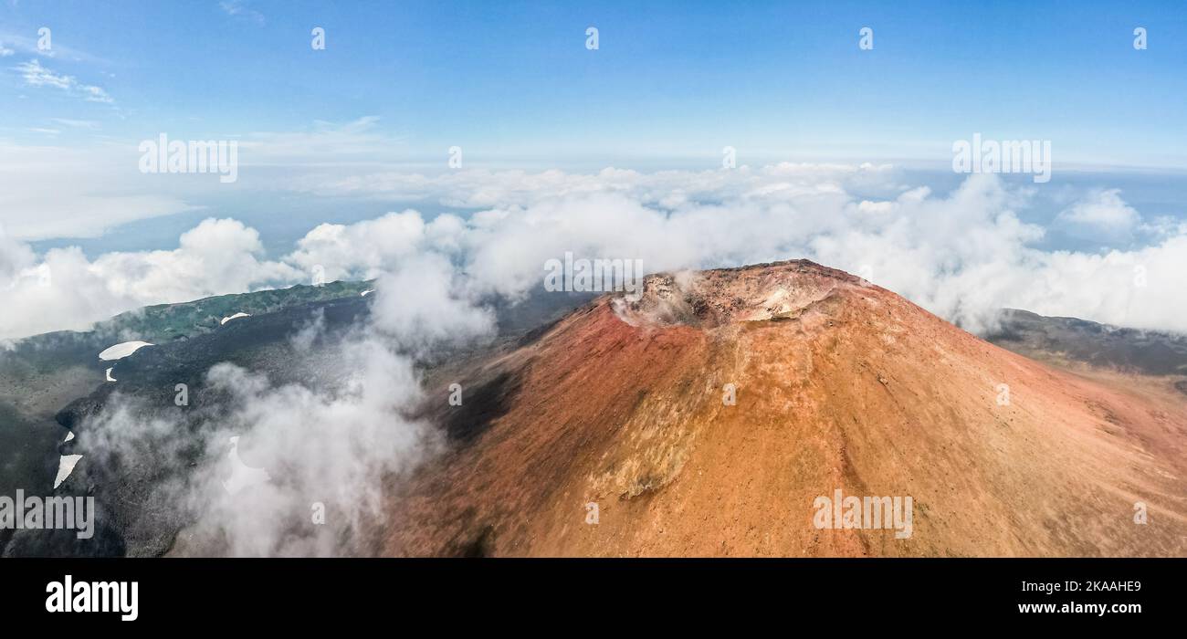 Tyatya volcano crater aerial panoramic view,, Kunashir Island, Kuril ...