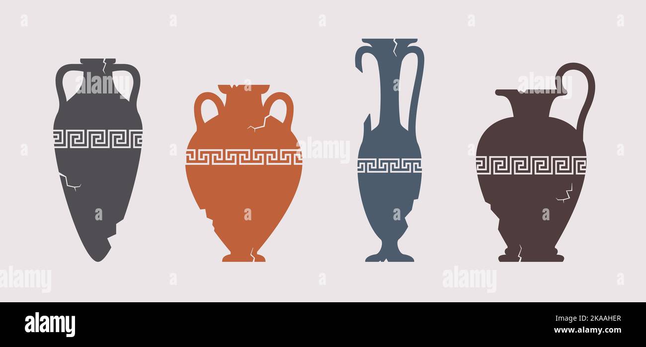 Broken vase silhouettes set. Different cracked ancient greek amphoras ...