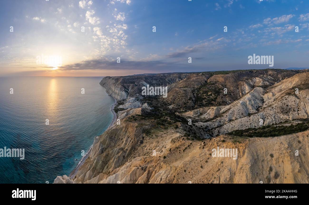 Sunset near cape Aspro cliffs aerial panorama from drone, Limassol ...