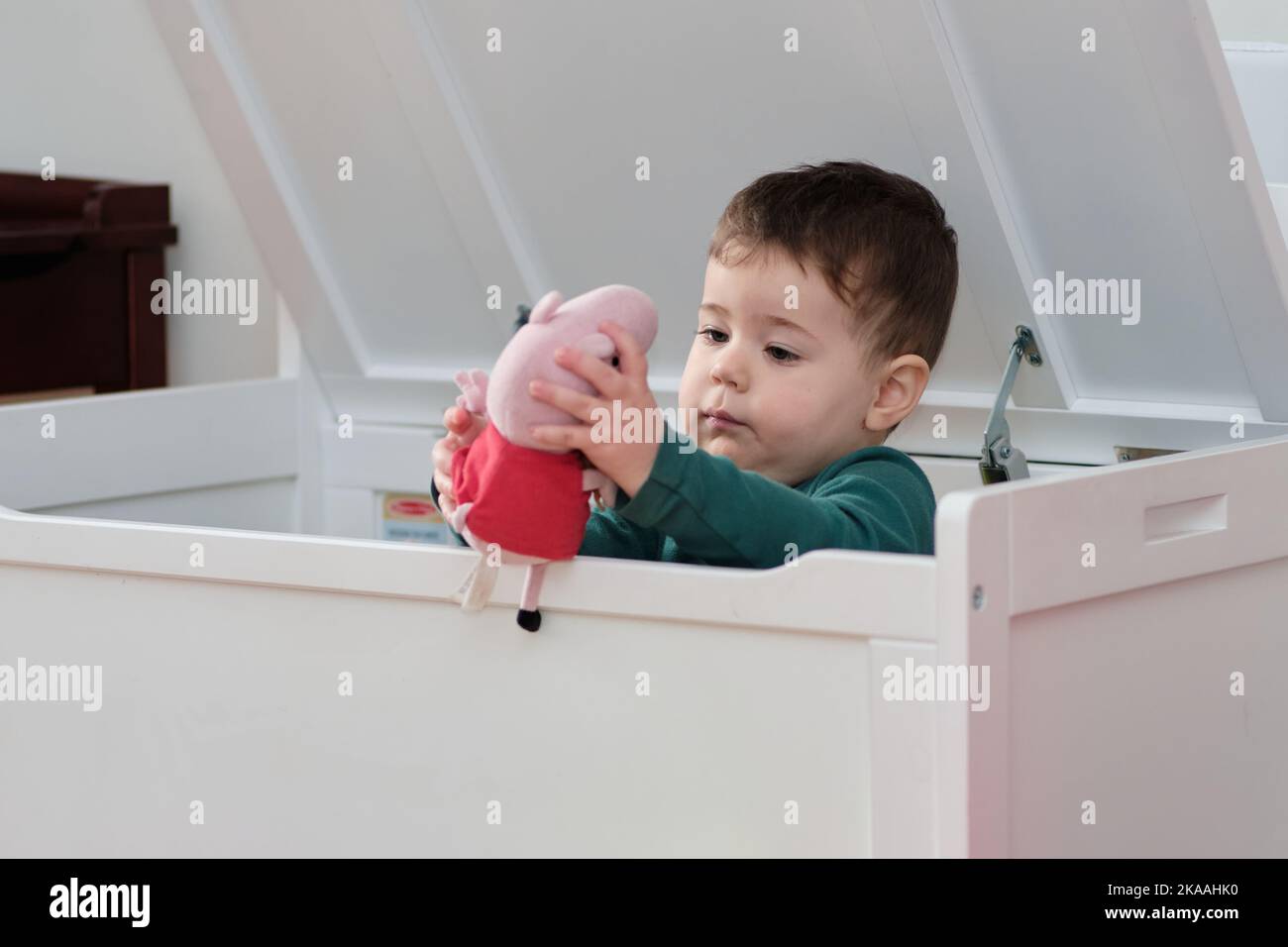 Little toddler playing with his plush toys inside the toy box Stock ...