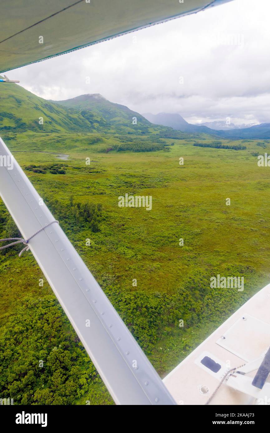 Aerial view of remote Kodiak Island; de Havilland; Beaver; float plane ...