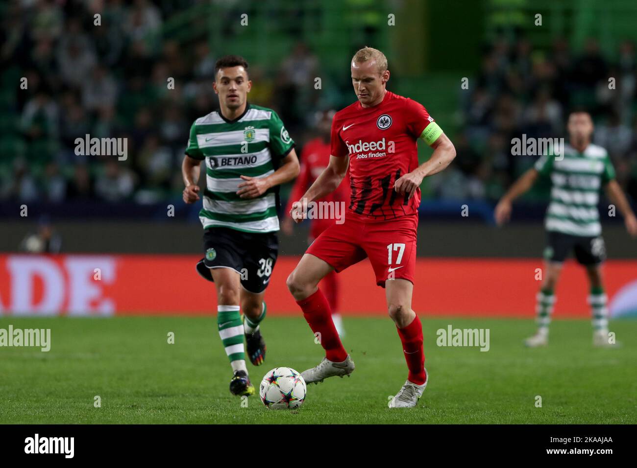 Lisbon, Portugal. 1st Nov, 2022. Sebastian Rode of Frankfurt (R ) vies ...