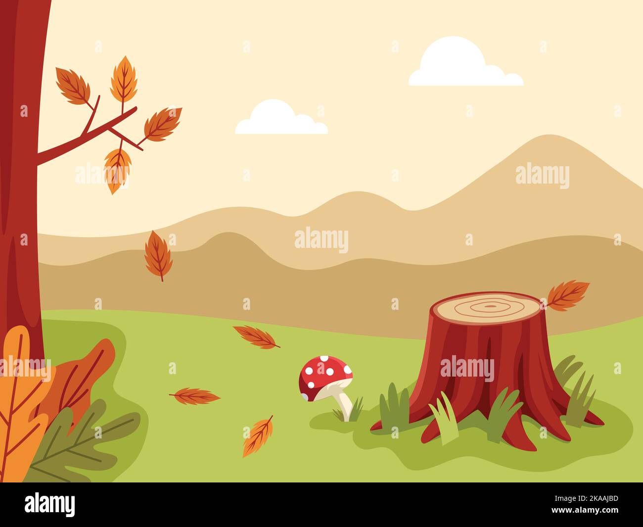 Flat illustration of a park with a tree stump and mushroom for an ...