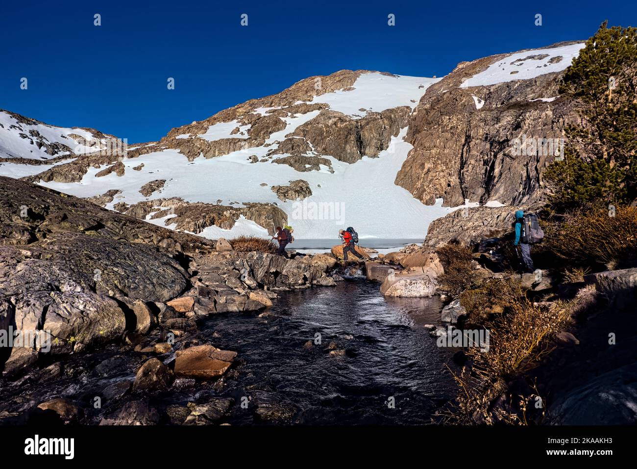 Hikers trekking to Muir Pass, Kings Canyon National Park, High Sierras ...