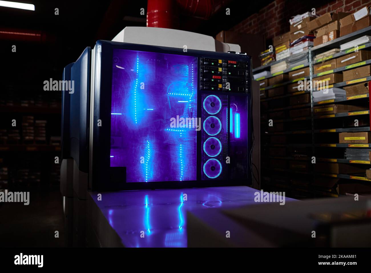 Background image of factory workshop with focus on machine glowing in ...