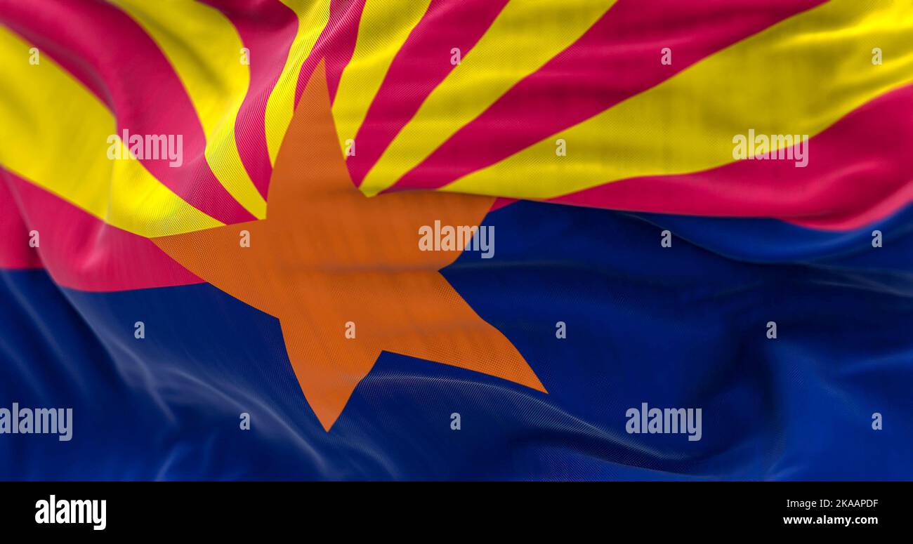 Close-up view of Arizona state flag waving. Arizona is a state in the ...