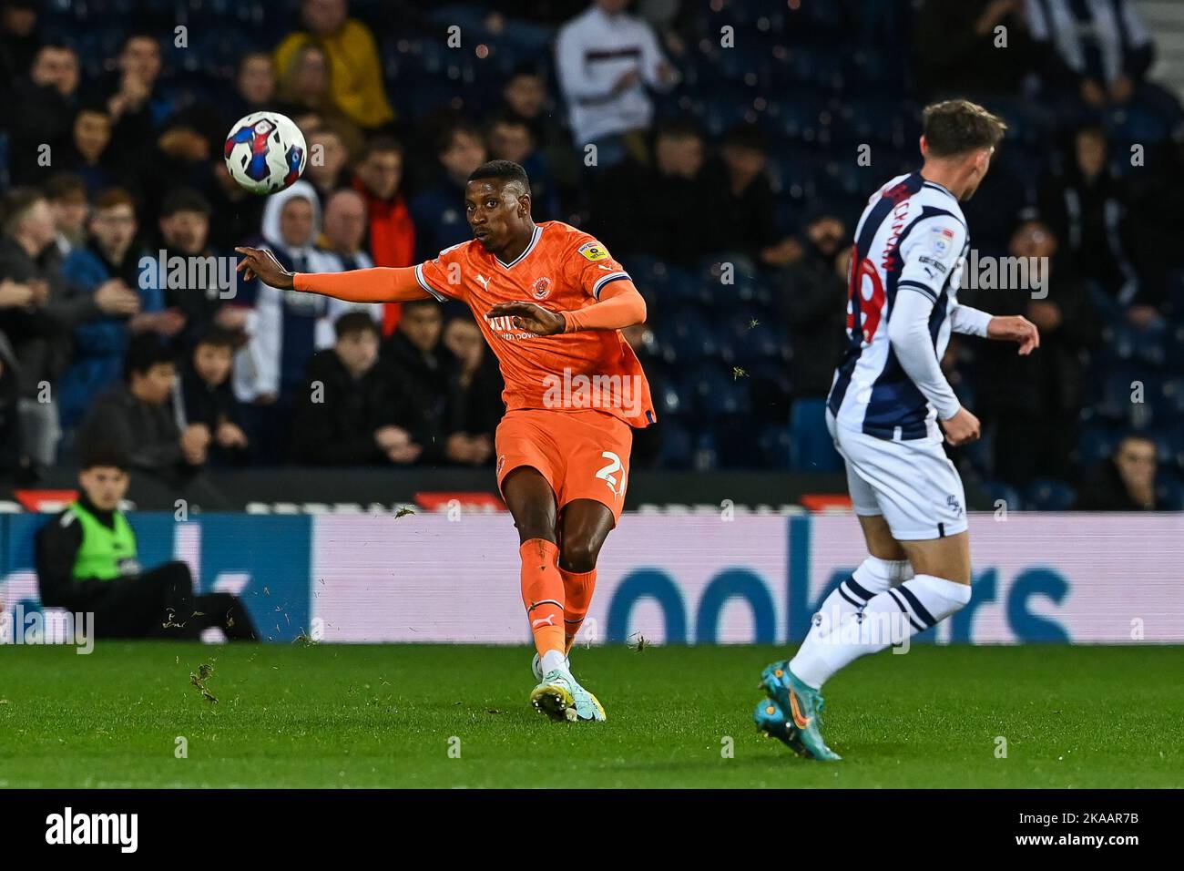 Marvin Ekpiteta #21 of Blackpool clears the ball during the Sky Bet ...