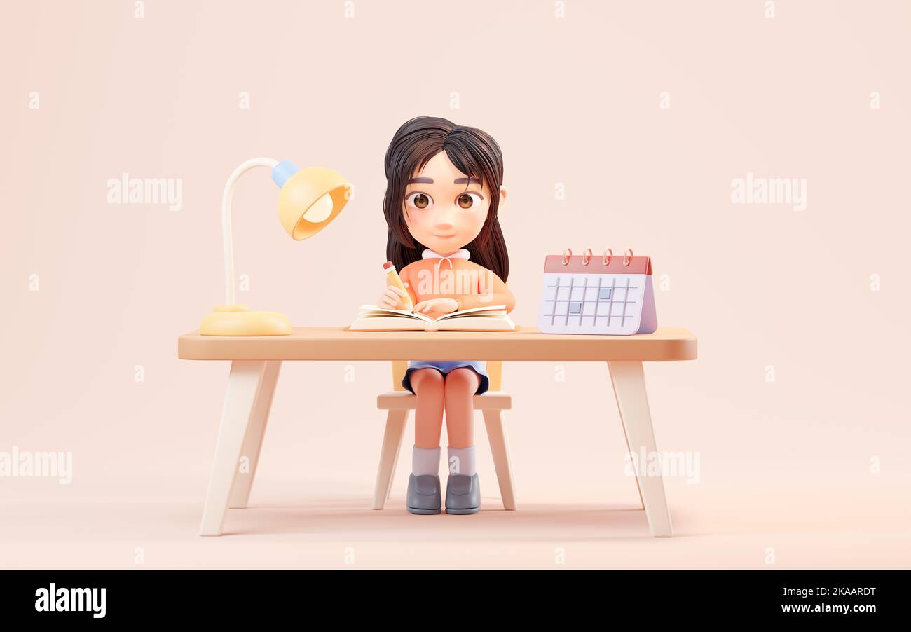 Little girl study hard, learning at desk, 3d rendering. Digital drawing ...