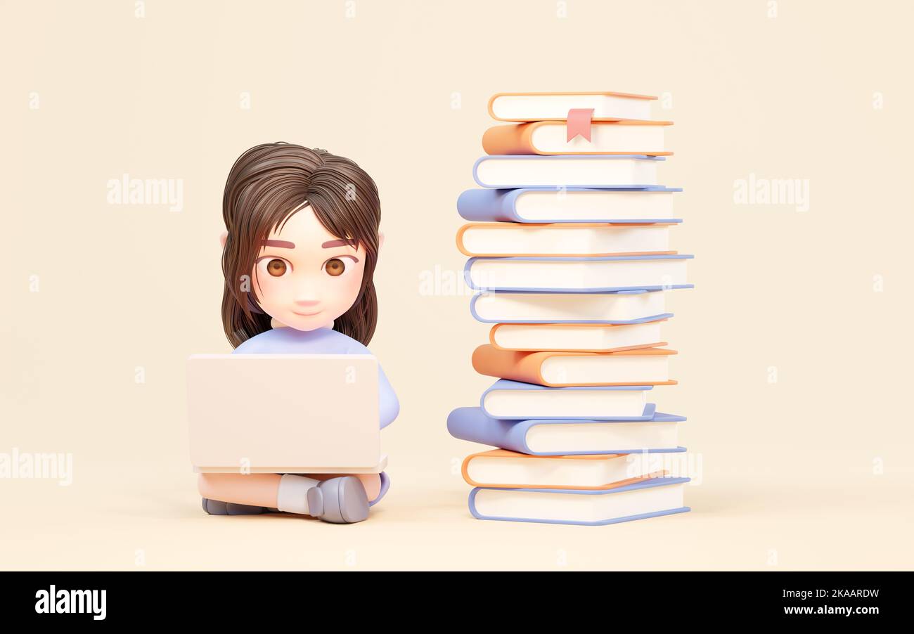 Little girl study hard, working with computer, 3d rendering. Digital ...