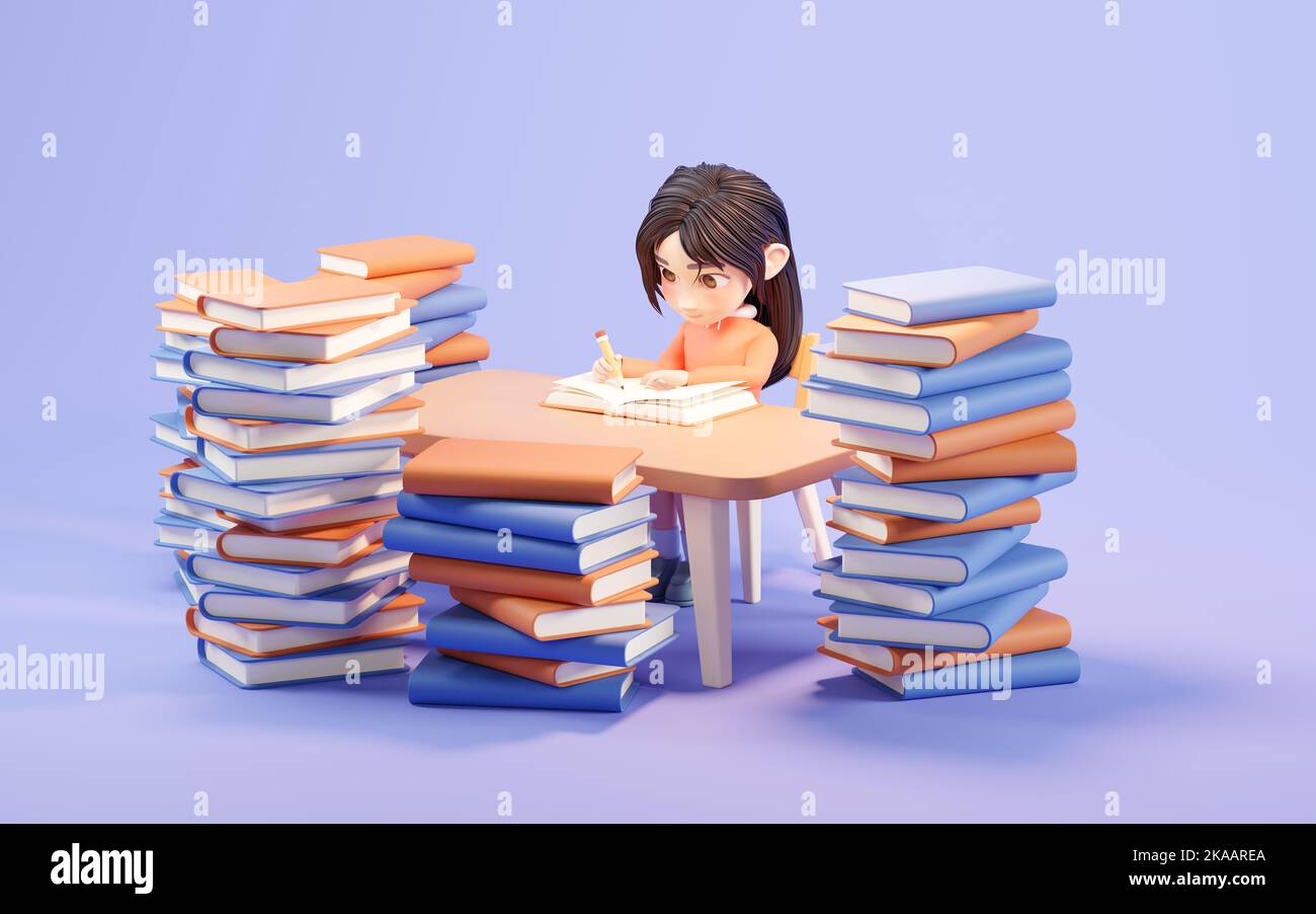 Little girl study hard, learning at desk, 3d rendering. Digital drawing ...