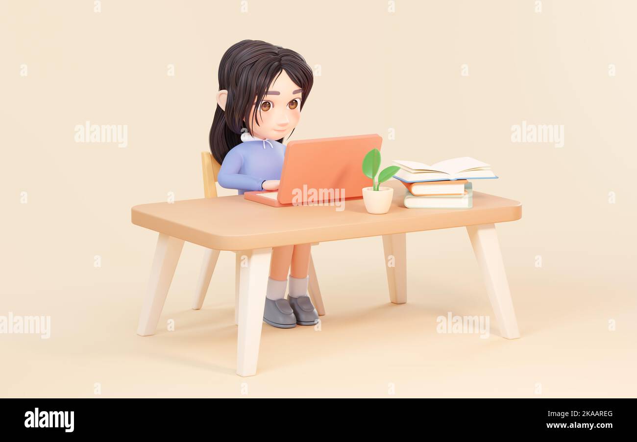 The girl works with computer at desk, 3d rendering. Digital drawing ...
