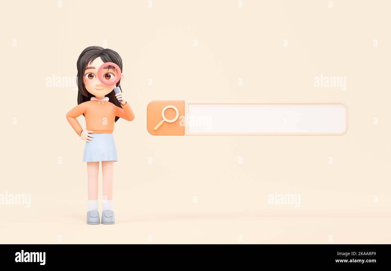 Little girl and search bar with cartoon style, 3d rendering. Digital ...