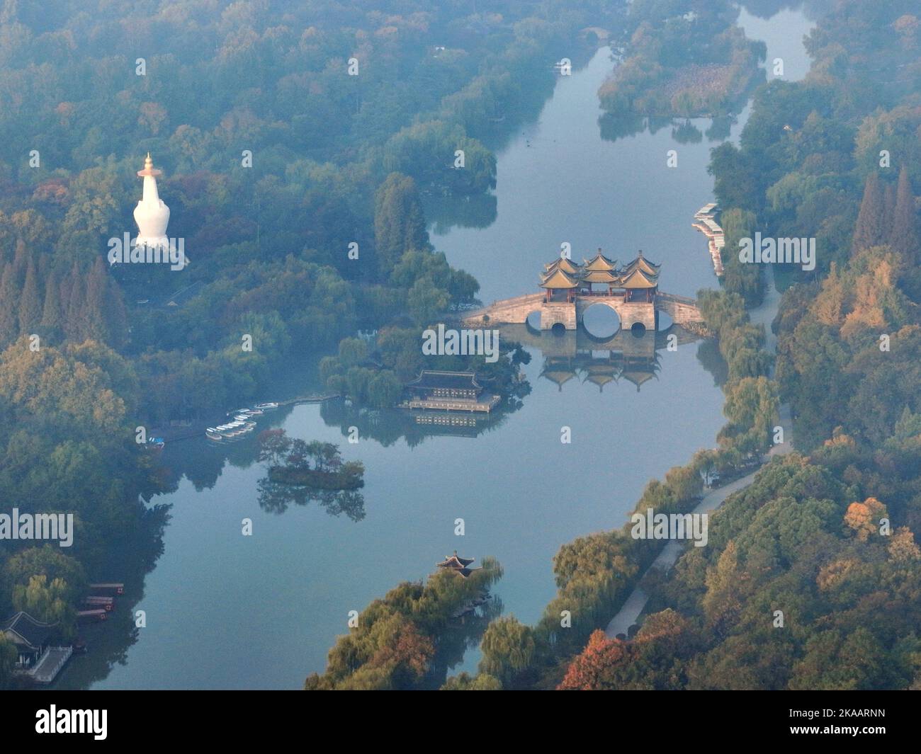 Aerial photos show the Slender West Lake in fog, Yangzhou City, east ...