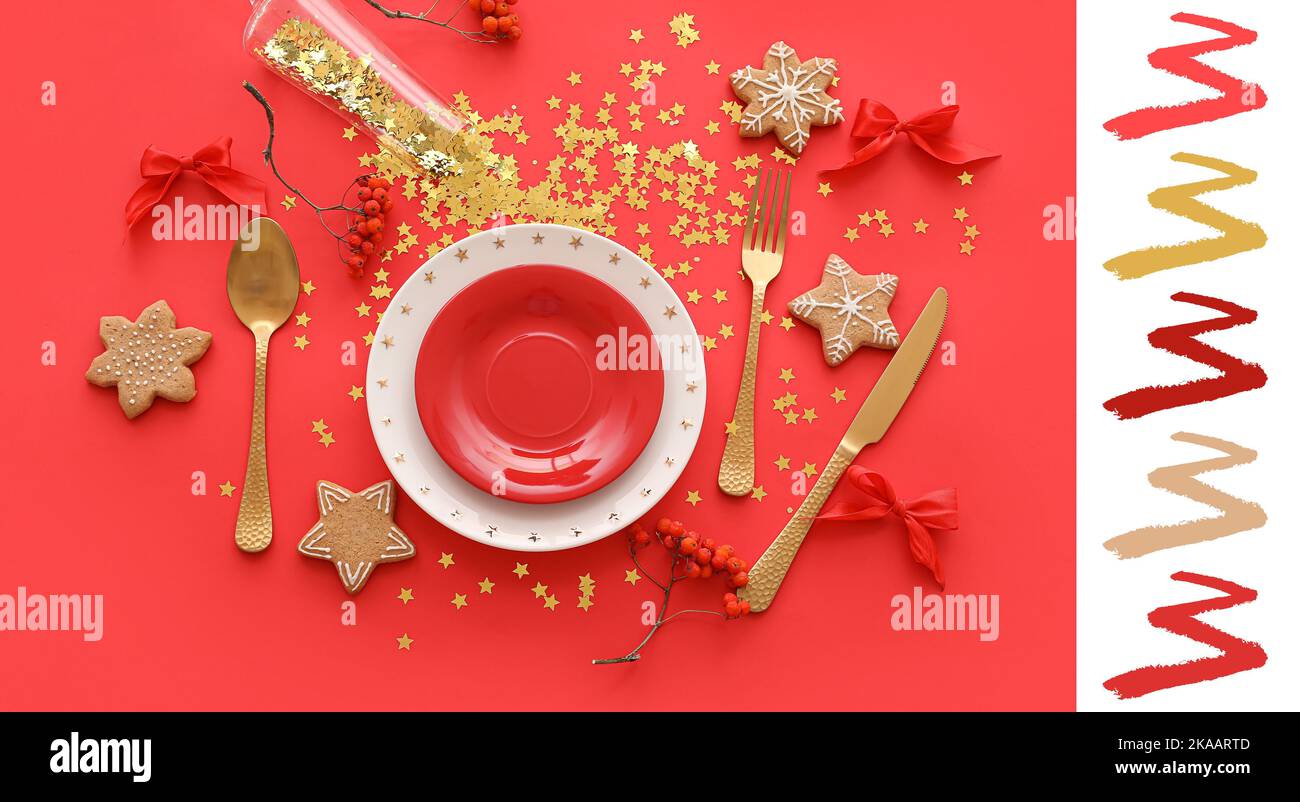 Stylish Christmas table setting on red background. Different color ...