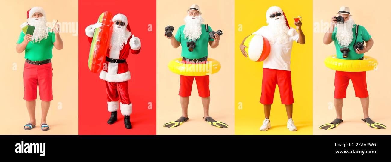 Collage of Santa Clauses on color backgrounds. Christmas vacation ...