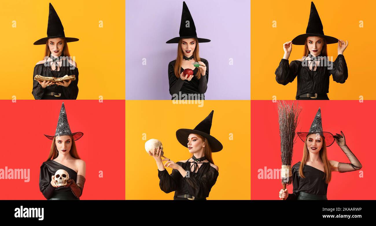 Collage with young witch on colorful background Stock Photo - Alamy