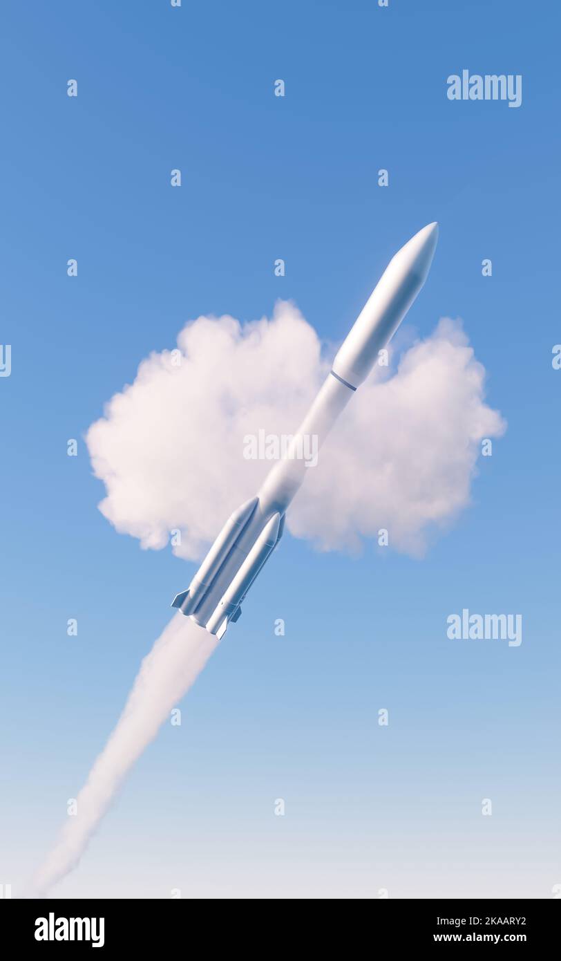 Rocket with blue background, 3d rendering. Computer digital drawing ...