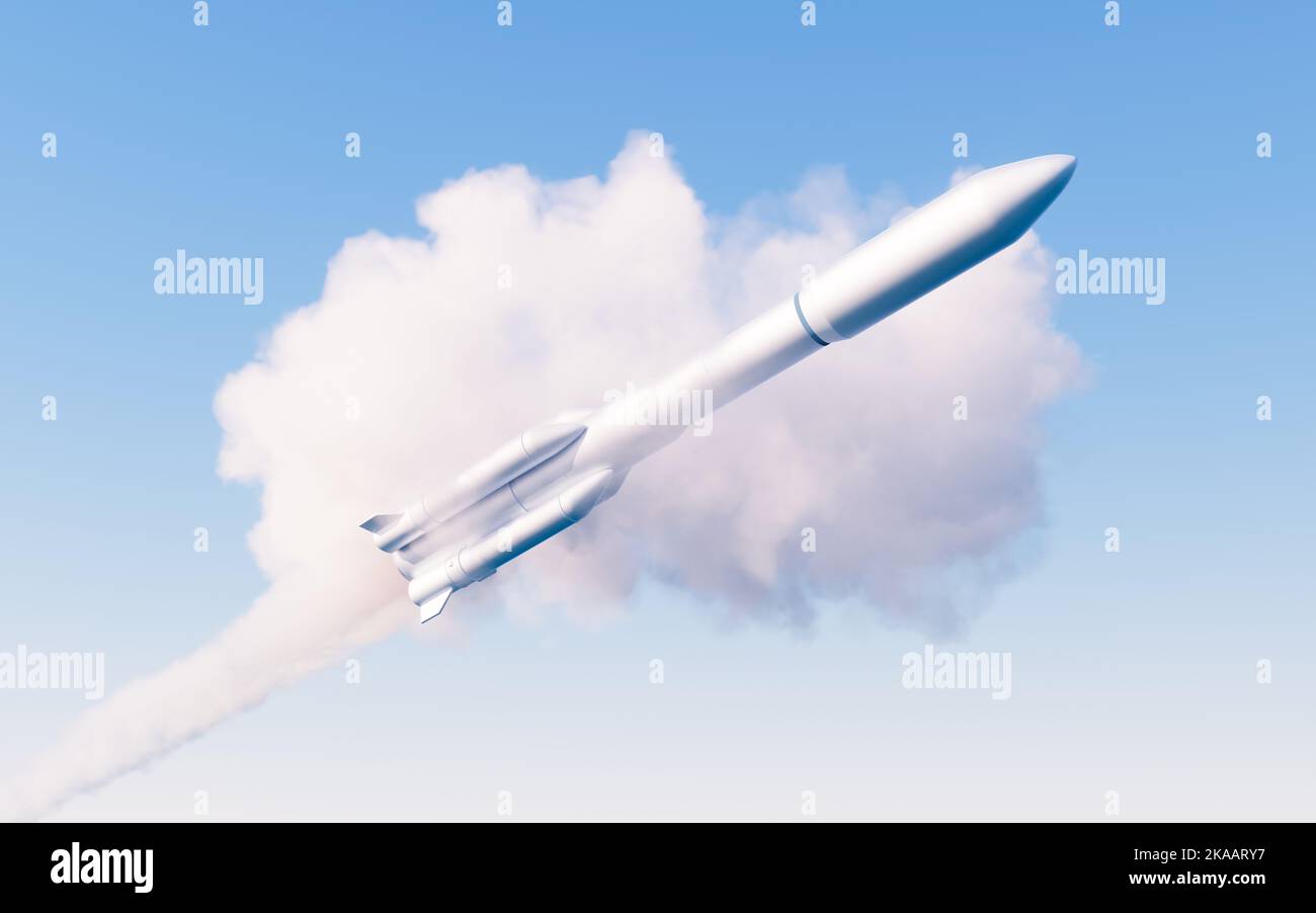 Rocket with blue background, 3d rendering. Computer digital drawing ...