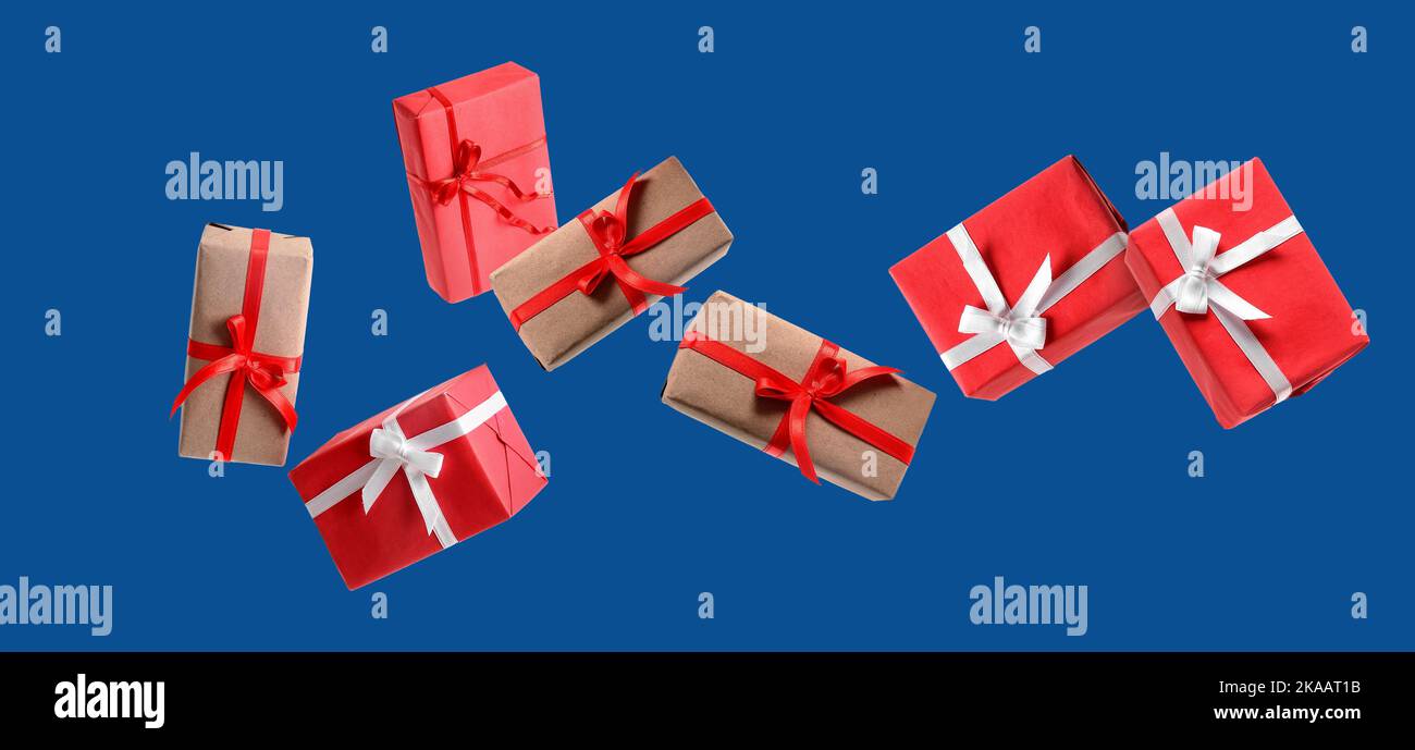 Many flying gift boxes hi-res stock photography and images - Alamy