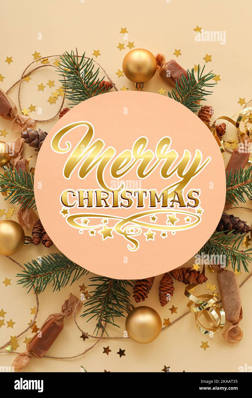 Beautiful composition with Christmas greeting card on beige background ...
