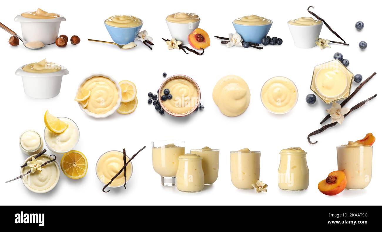 Set of tasty pudding isolated on white Stock Photo - Alamy