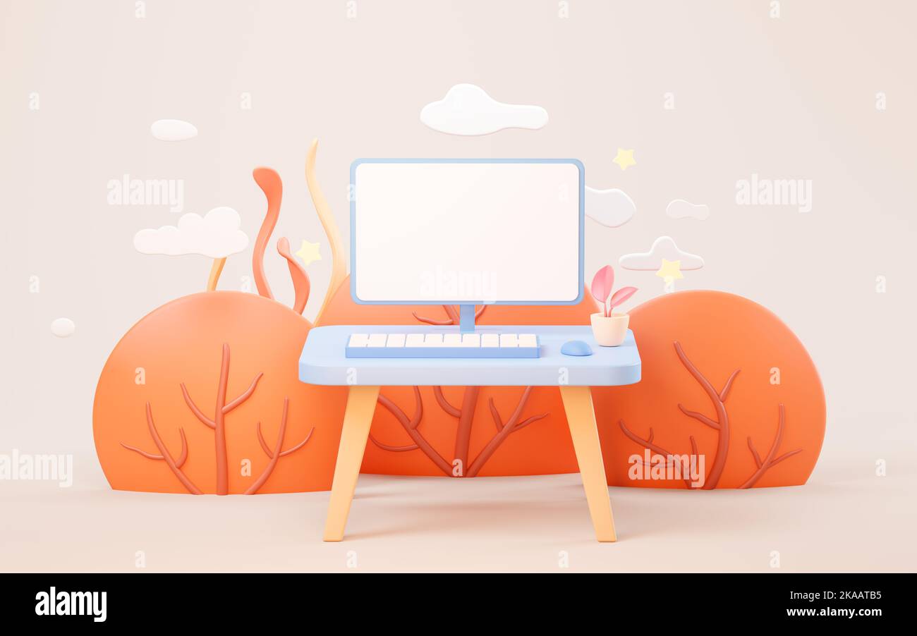 Computer on the desk with cartoon style, 3d rendering. Digital drawing ...