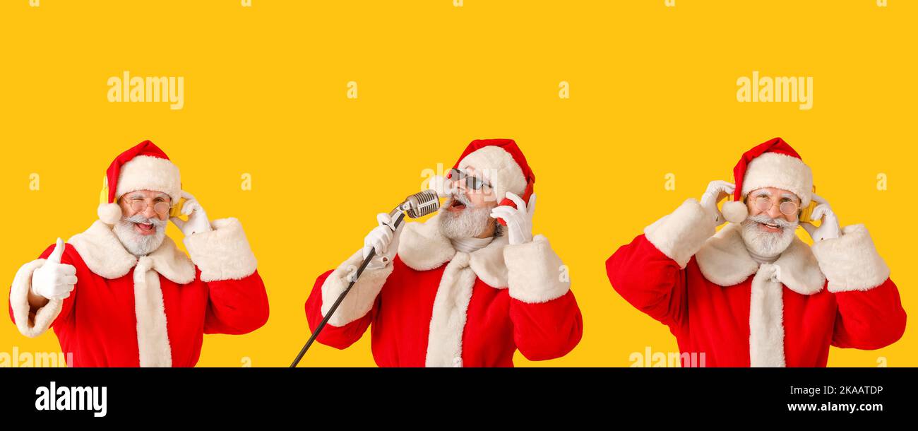 Set of Santa Claus listening to music and singing on yellow background ...