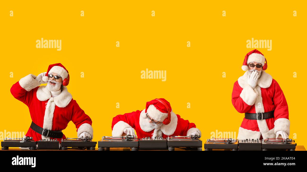Set of cool Santa DJ on yellow background Stock Photo - Alamy