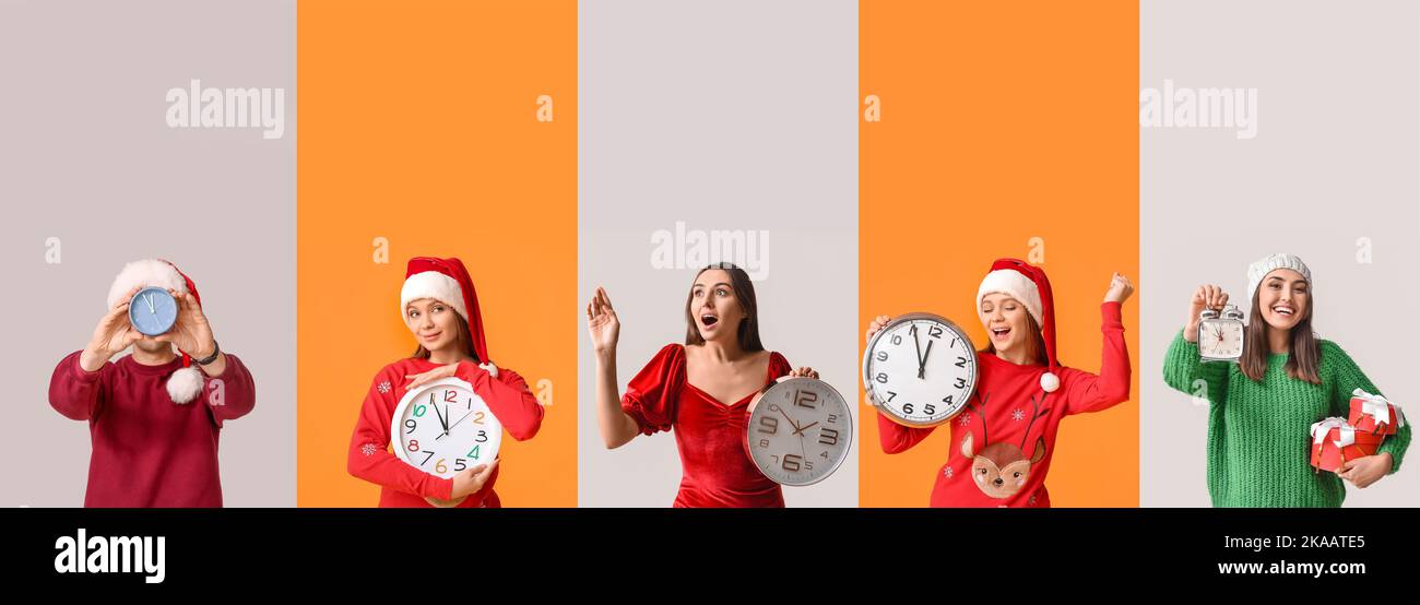 Set of different people with clock on color background. Christmas ...