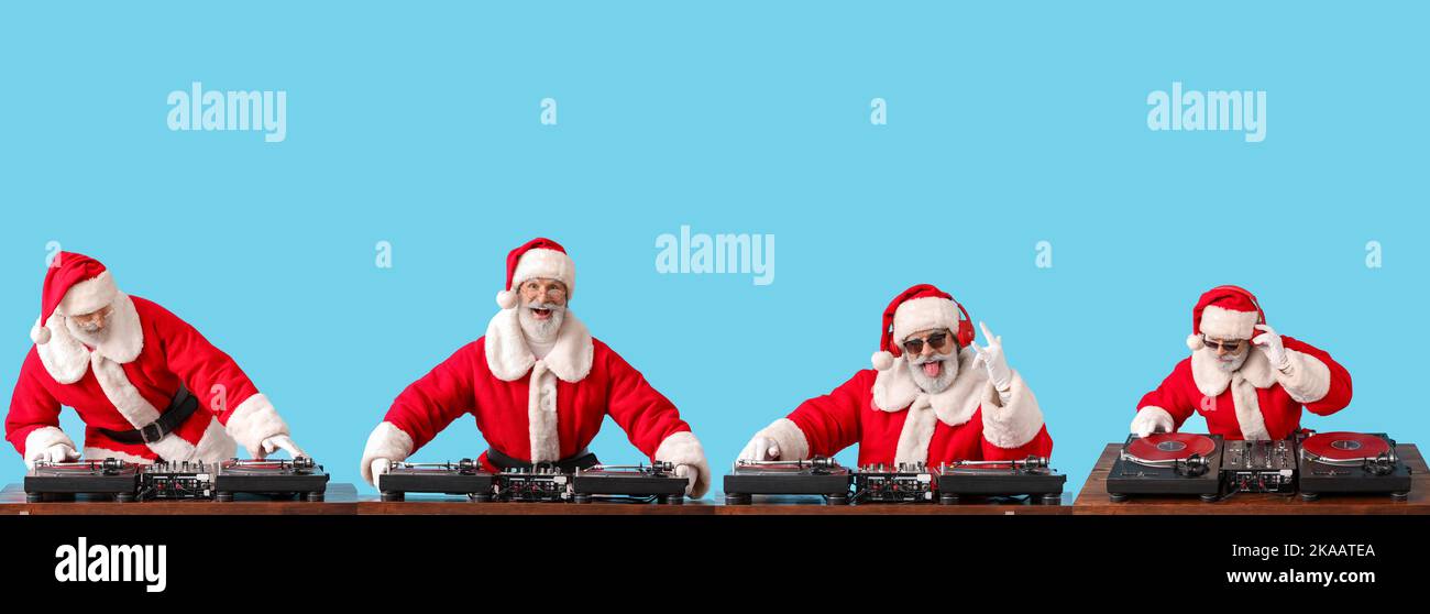 Set of cool Santa DJ on light blue background Stock Photo - Alamy