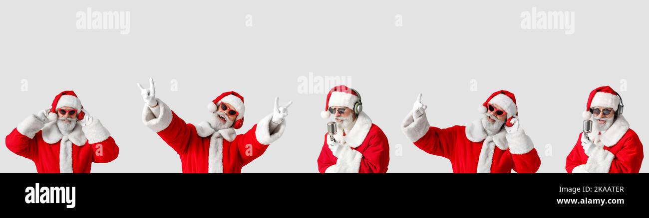 Set of Santa Claus listening to music and singing on light background ...