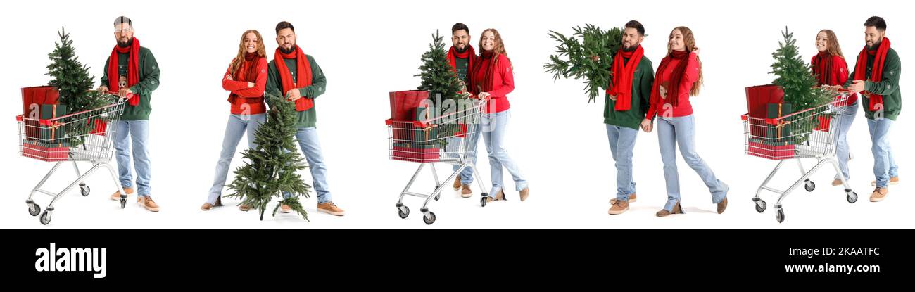Set of young people with Christmas trees isolated on white Stock Photo ...