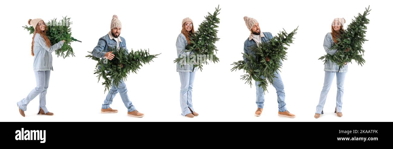 Set of young people with Christmas trees isolated on white Stock Photo ...