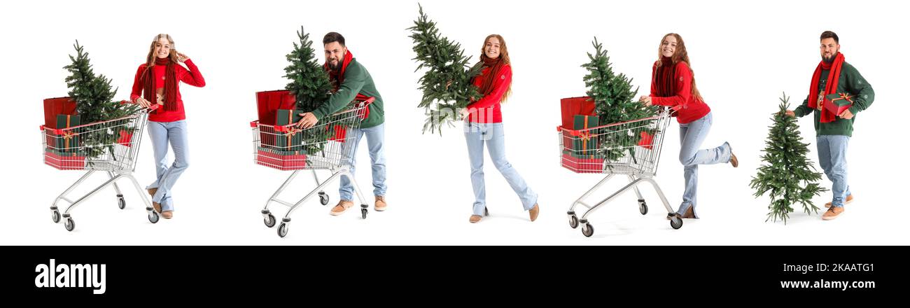 Set of young people with Christmas trees isolated on white Stock Photo ...