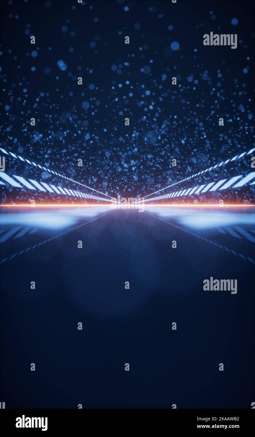 Racing track with glowing particles background, 3d rendering. Digital ...