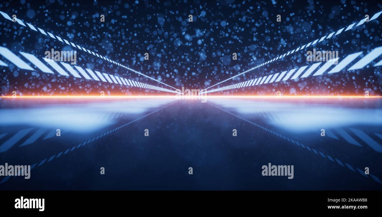 Racing track with glowing particles background, 3d rendering. Digital ...