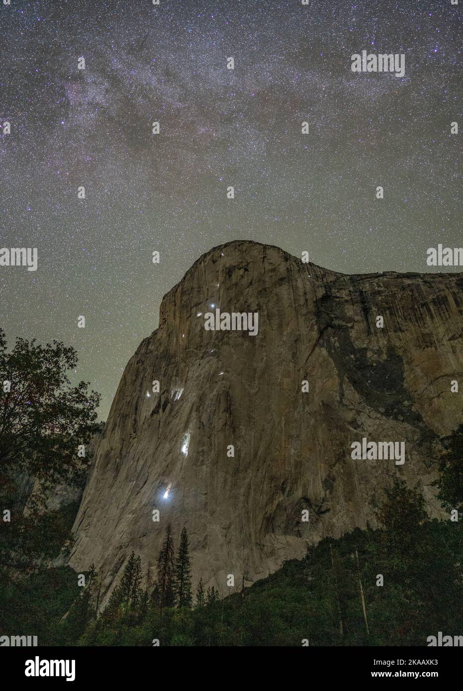 Milky way over El Capitan, with mountain climbers lighting the way as ...