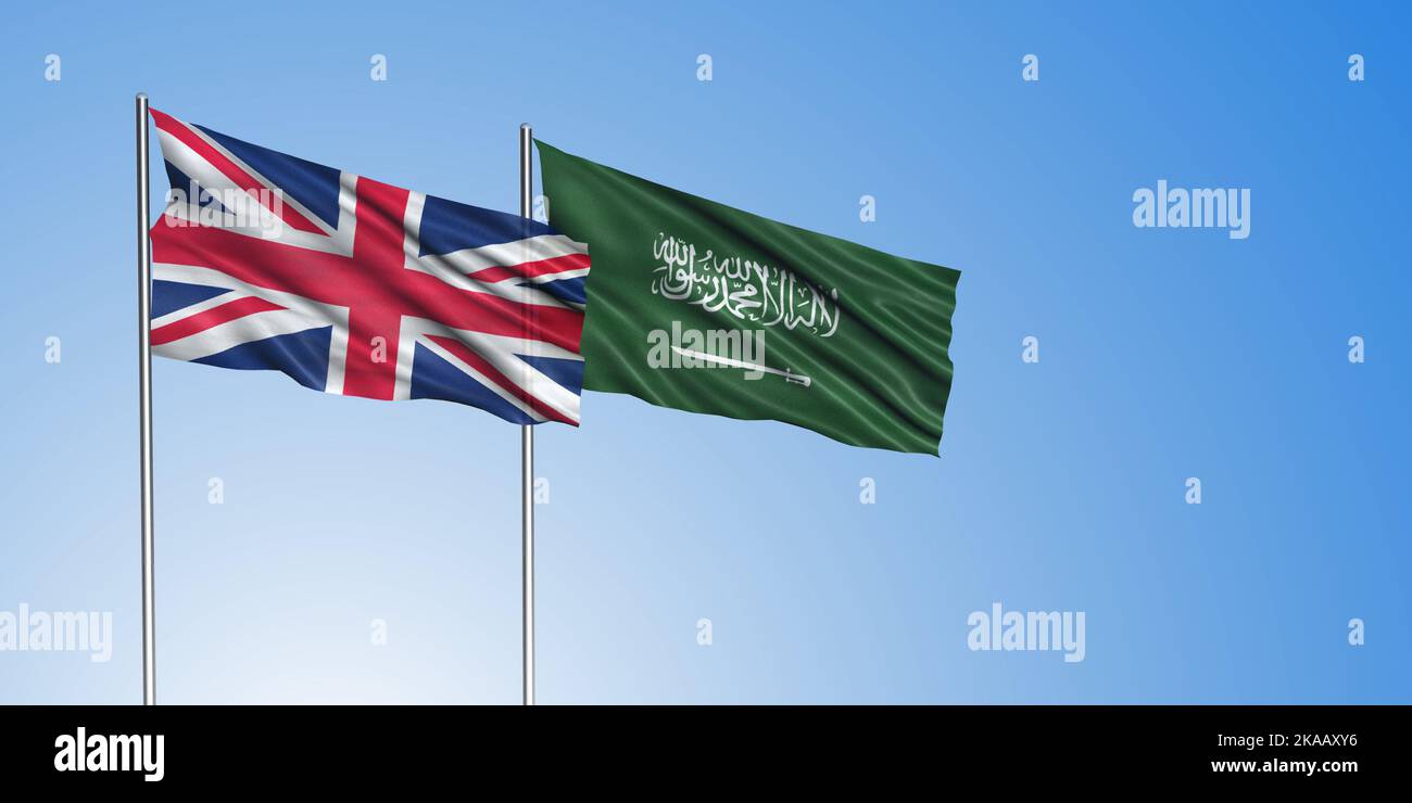 United Kingdom flag and Saudi Arabia flag, Britain flag with blue sky ...