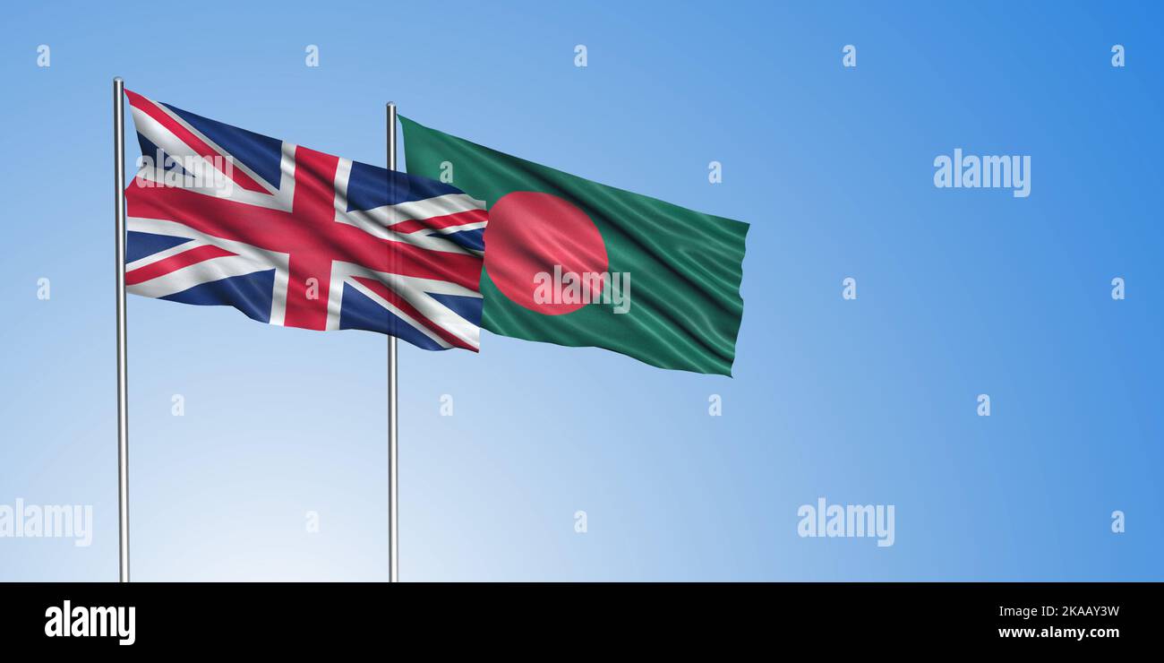 United Kingdom flag and Bangladesh flag, Britain flag with blue sky ...