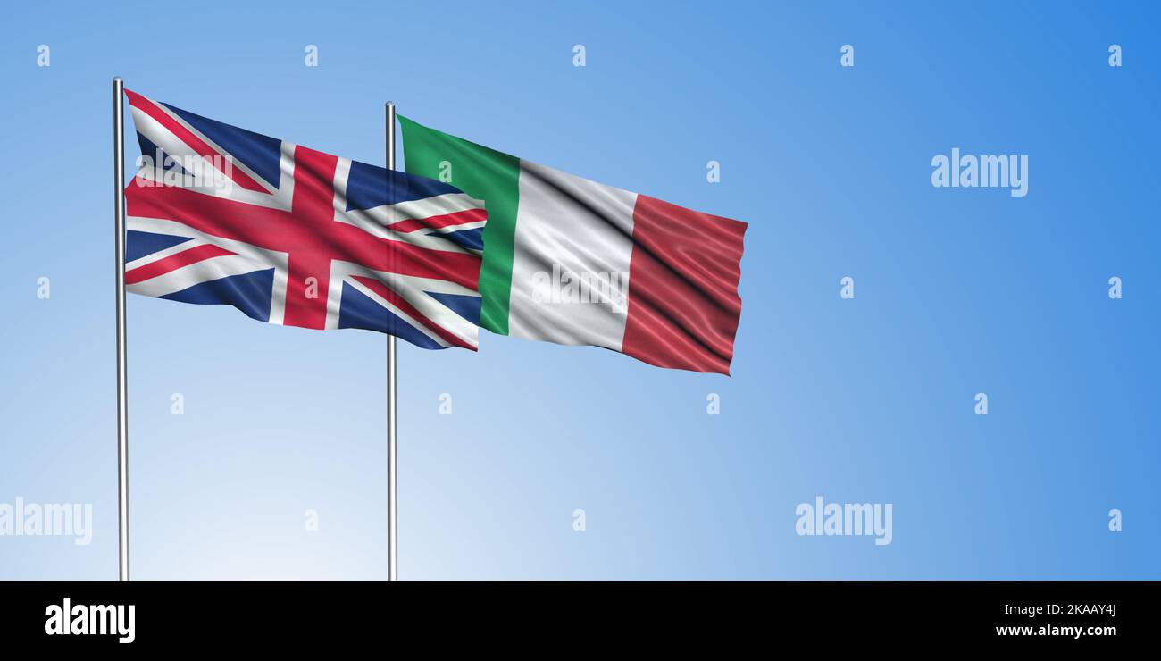 United Kingdom flag and Italy flag, Britain flag with blue sky ...