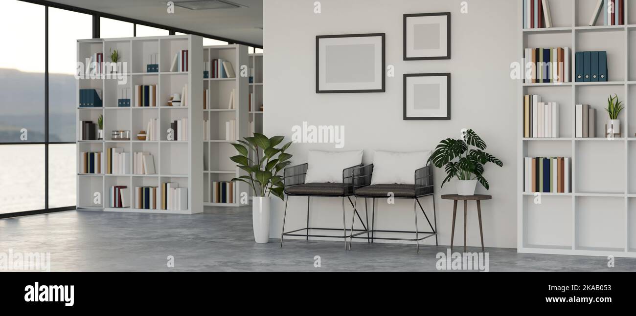 Modern minimal library interior design with white bookshelves ...