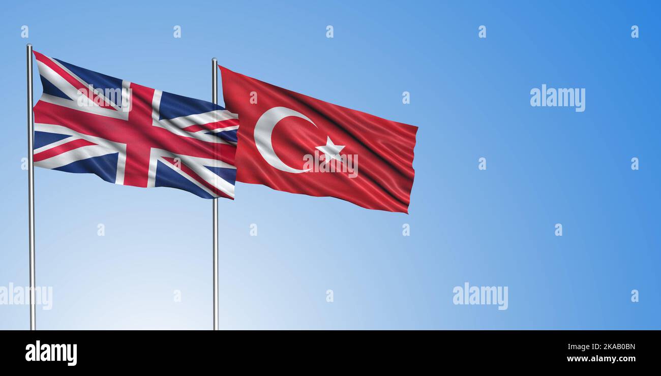 United Kingdom flag and Turkey flag, Britain flag with blue sky ...