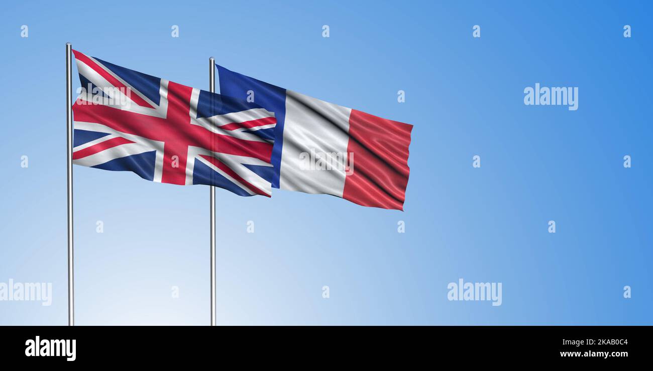 United Kingdom flag and France flag, Britain flag with blue sky ...
