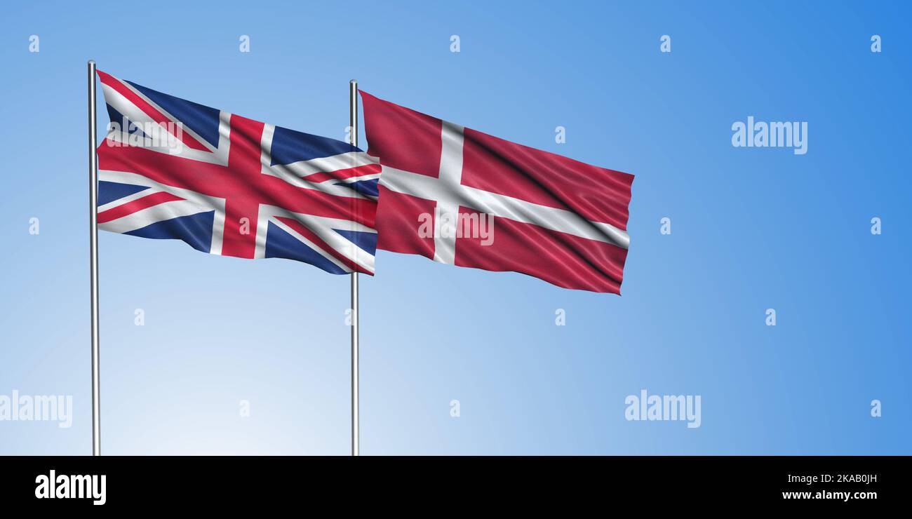 United Kingdom flag and Denmark flag, Britain flag with blue sky ...