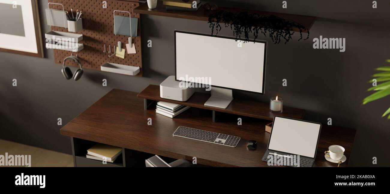 Modern urban dark loft home workspace interior design with PC computer ...