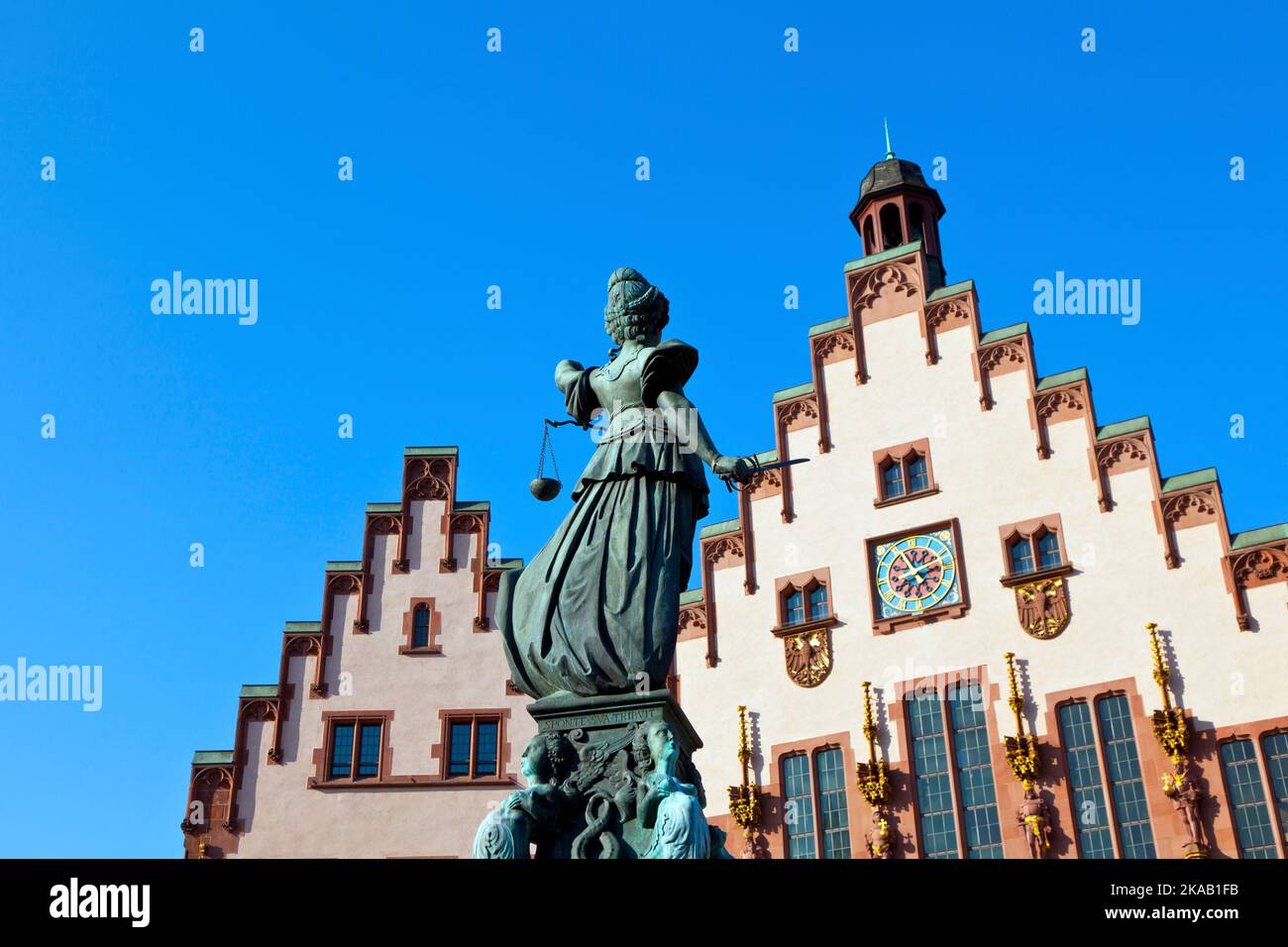 Statue of Lady Justice in front of the Romer in Frankfurt - Germany ...