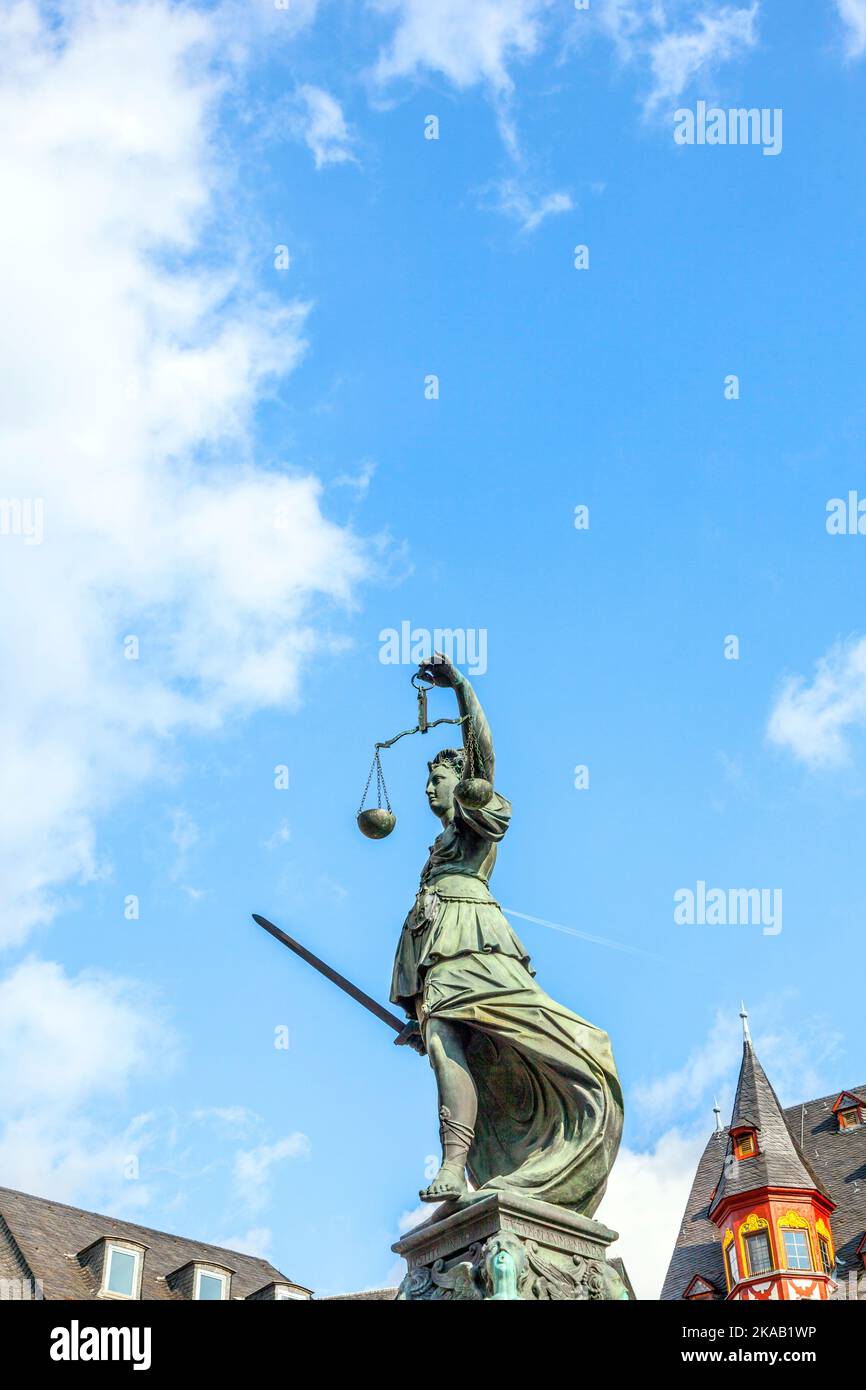 Statue of Lady Justice in front of the Romer in Frankfurt - Germany ...