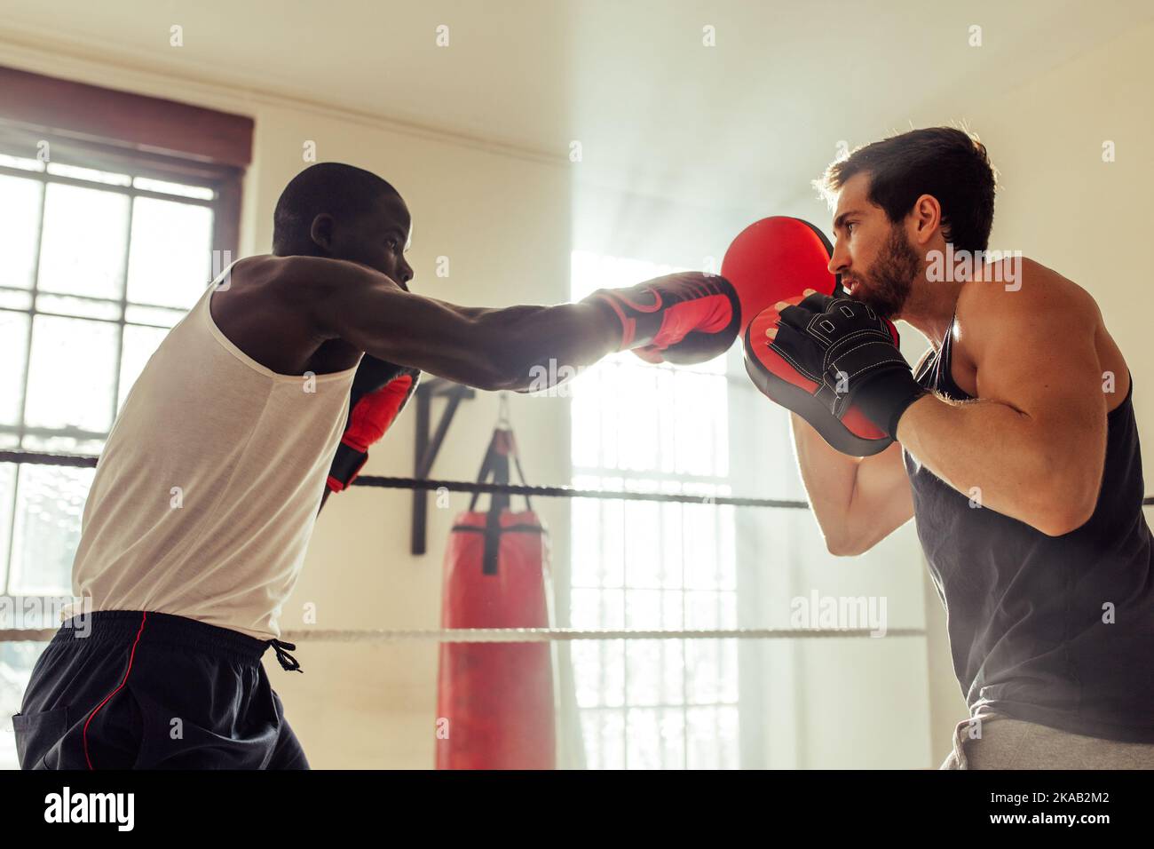 Athletic young boxer throwing a punch at his sparring partner in a gym ...