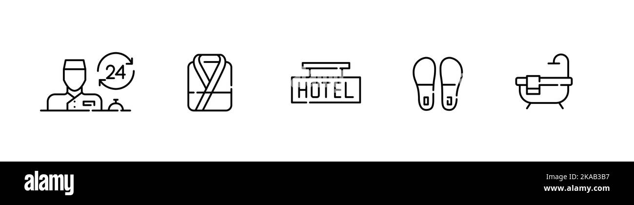 5 hotel icons. 24 hour reception, bathing suit, hotel sign, slippers ...