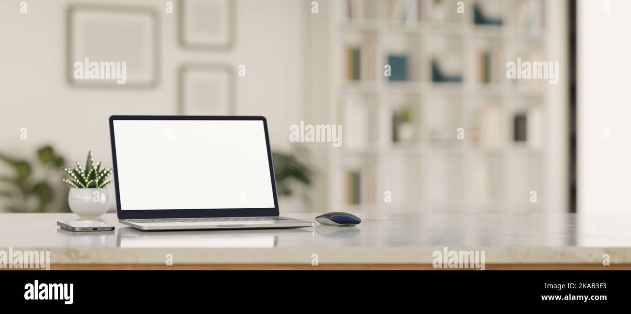 Modern Workspace Tabletop With Notebook Laptop White Screen Mockup